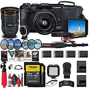 Canon EOS M6 Mark II Mirrorless Digital Camera with 15-45mm Lens and EVF-DC2 Viewfinder (Black) (3611C011) + Canon EF-M Lens Adapter + 4K Monitor + Canon EF 24-70mm Lens + Pro Mic + More (Renewed)