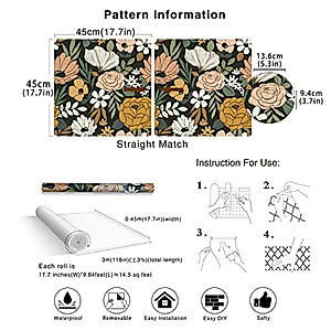 HAOKHOME 93217 Vintage Large Floral Peel and Stick Wallpaper Removable Daisy Leaf Black/Sand/Oliva Vinyl Self Adhesive Mural 17.7in x 6.6ft