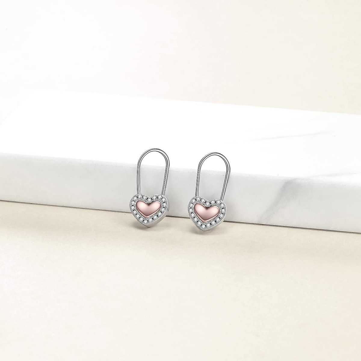 YFN Heart Safety Pin Earrings Sterling Silver Hoop Earrings for Women Drop Dangle Cartilage Earring Gifts (Pink)