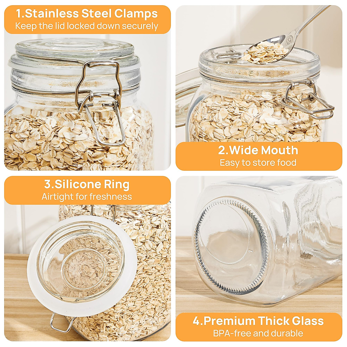 CHEFSTORY 50oz Airtight Glass Jars with Lids, 3 PCS Food Storage Canister for Kitchen & Pantry Organization and Storage, Square Mason Jar Containers for Storing Sugar, Flour, Cereal,Coffee,Cookies