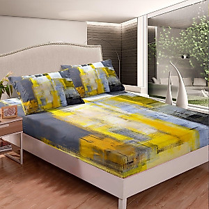 Grunge Oil Painting Sheet Set for Kids Youth Adult,Grey Yellow White Ombre Bed Sheets Queen Size,Graffiti Watercolor Painted Bedding Set,Mid Century Fitted Sheet + Flat Sheet + 2 Pillow Shams