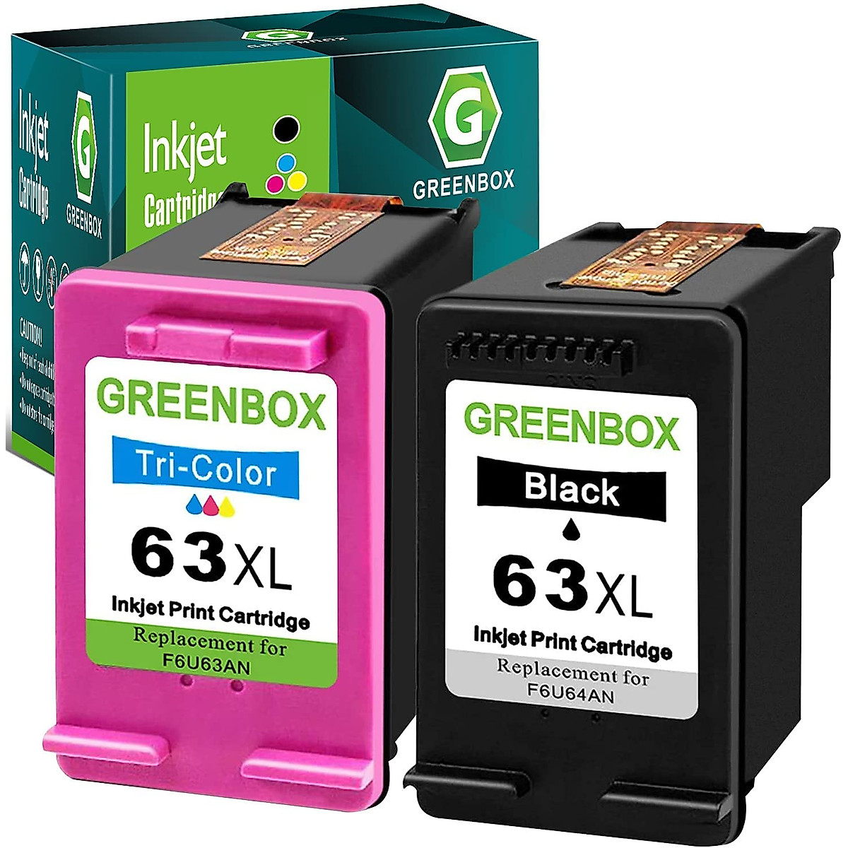 GREENBOX Remanufactured 63XL High Yield Ink Cartridge Combo Pack Replacement for HP 63XL 63 XL OfficeJet 3830 5255 5258 Envy 4520 4512 4513 4516 DeskJet 1112 1110 3630Printer Ink(1 Black 1 Tri-Color)