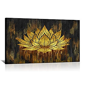 Abstract Lotus Canvas Wall Art Water Lily Flower Picture Print Artworks Gold and Black Floral Painting Poster for Bedroom Living Room Home Wall Decor Stretched and Framed Ready to Hang 20"x36"