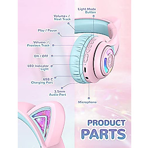 iClever Cat Ear Kids Bluetooth Headphones,LED Light Up On Ear Kids Wireless Headphones with Mic,74/85/94dB Volume Limited,50H Playtime,Bluetooth 5.2,Pink Headphones for iPad/Tablet/PC/Travel,BTH13
