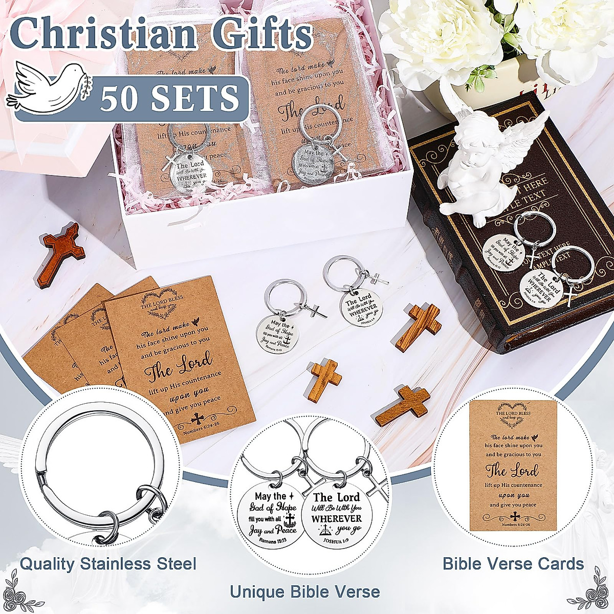 Siifert 50 Set Christian Cross Keychains Bulk Bible Verse Religious Prayer Gifts Keychain for Women Men(Round Style)
