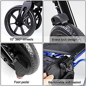 WALK MATE Rollator Walker for Seniors Taller 5.3~7ft with Height-Adjustable Seat, 10 Inch Wheels Wire-Hidden Walkers Compact Folding Design Lightweight Mobility Walking Aid Widen Backrest, Blue