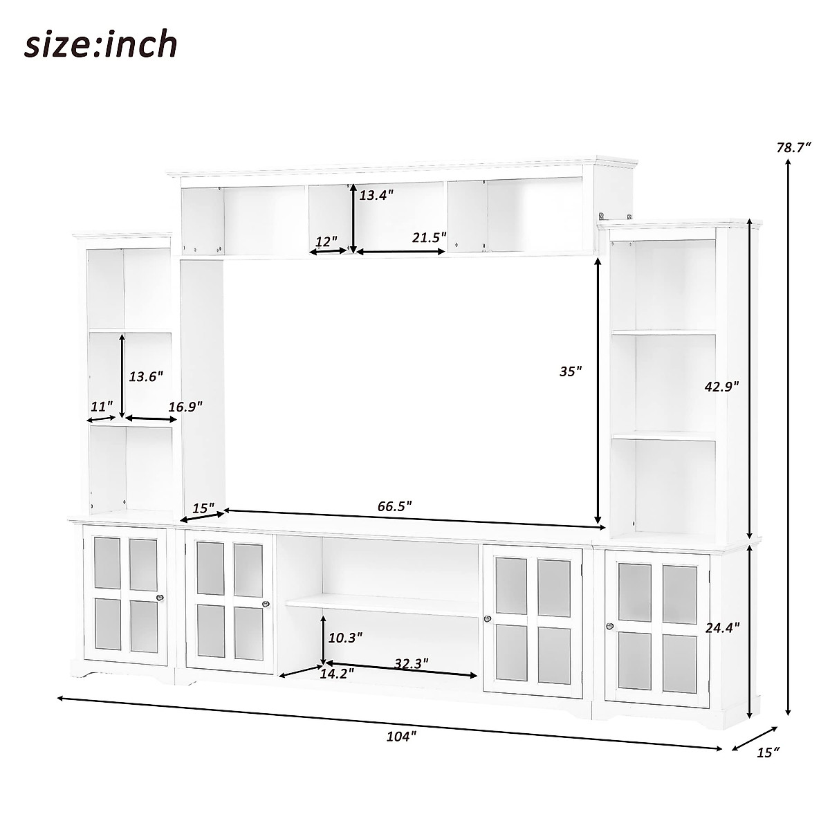 Multifunctional All in One TV Stand for TVs Up to 70'', Luxury Entertainment Wall Unit with Bridge and Tempered Glass Door, TV Stand Console Table with Top Cabinet for Living Room (White-70)