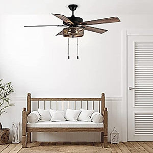 RIVER OF GOODS 52 Inch LED Modern Farmhouse Ceiling Fan with Light - Rustic Ceiling Fans with Lights - Elegant Industrial Fan with Mesh Metal Caged Shade - Brown