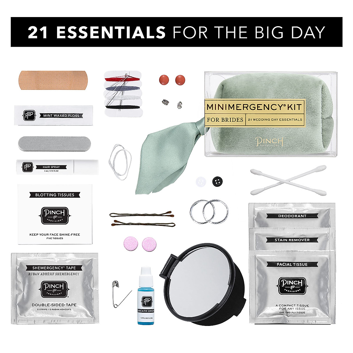 Pinch Provisions Minimergency Kit for Brides, Velvet Sage, Includes 21 Must-Have Emergency Essential Items for Your Big Wedding Day, Compact, Multi-Functional Zipper Pouch, Perfect Survival Kit Gift
