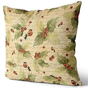 LEKAIHUAI Home Decoration Throw Pillow Covers Christmas Watercolor Holly Berries and Bullfinch Pillowcases Square Two Sides Print 22x22 Inches Set of 2