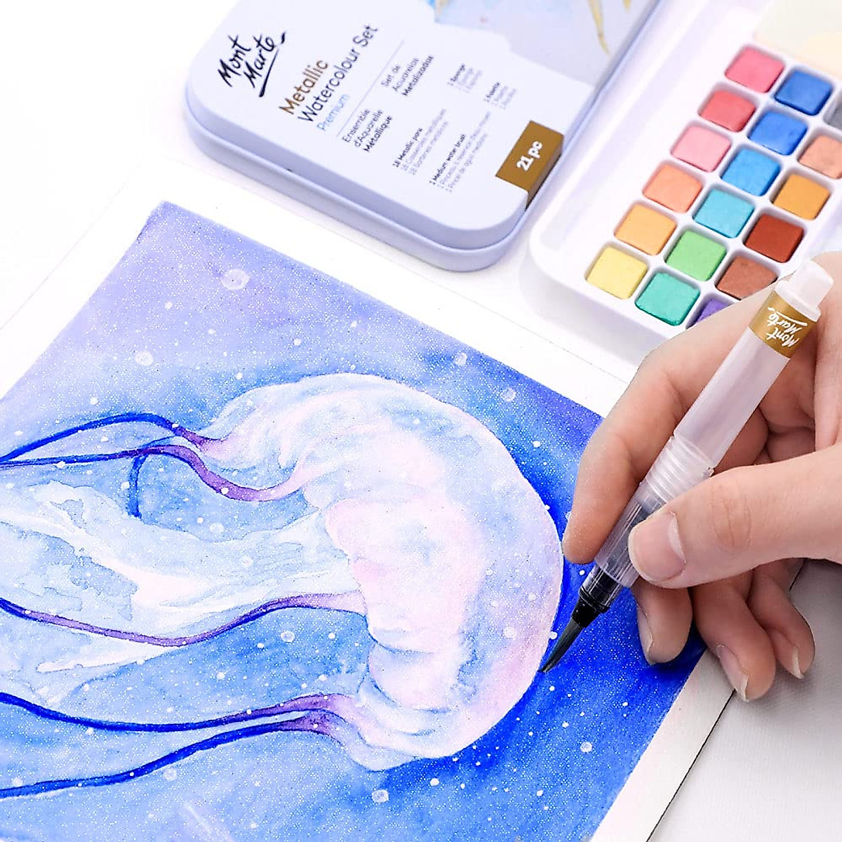 Mont Marte Premium Metallic Watercolor Cake Set, 21 Piece, 18 Colors, 1 Water Brush, 1 Sponge, 4 Mixing Wells