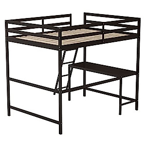Flash Furniture Riley Loft Bed Frame with Desk - Espresso Wood Slats - Full Size - Protective Guard Rails & Ladder - Kids, Teens and Adults - Space Saving Design