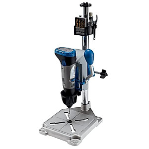 Dremel Drill Press Rotary Tool Workstation Stand with Wrench- 220-01- Mini Portable Press- Holder- 2 Inch Depth- Ideal for Drilling Perpendicular and Angled Holes- Table Top , Silver