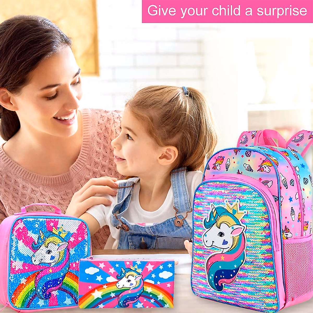 AGSDON 3PCS Unicorn Backpack for Girls, 16" Little Kids Sequin Preschool School Bookbag and Lunch Box