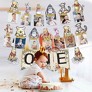 Bear Banner for Baby Shower Decorations, First Birthday Baby Photo Banner with Cute Picture Card Frames for Baby One Birthday Party Decorations