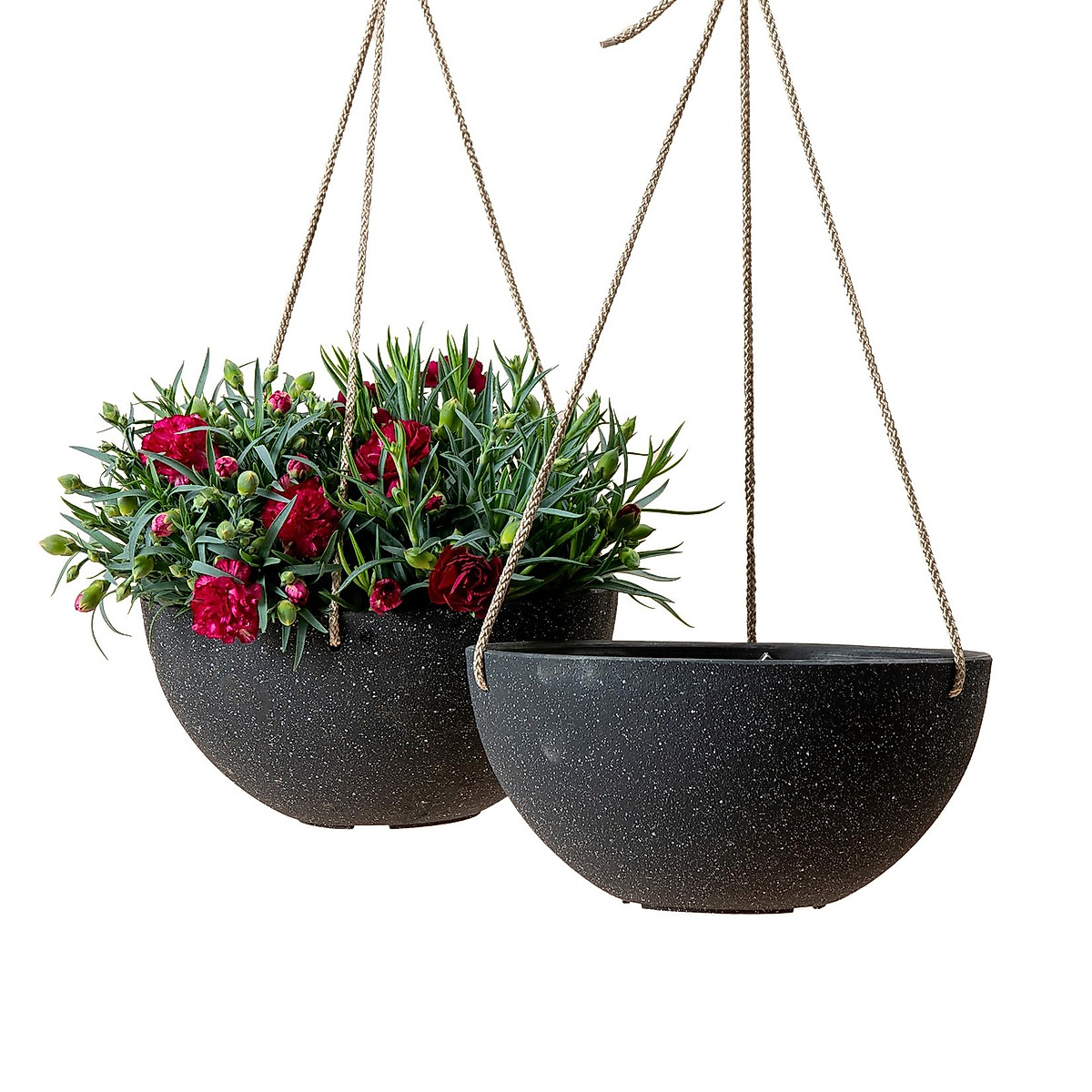 LA Jolie Muse Hanging Planters for Outdoor Plants - 10 Inch Indoor Flower Pots with Drainage, Plants Pots, Speckled-Black, Set of 2