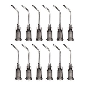 HARFINGTON 12pcs Blunt Tip Dispensing Needles, 16 Gauge 45 Degrees Bent Dispensing Tips 1" End Angled Dispenser Needle with Luer Elbow Blunt Needle for Oil or Glue Applicator, Gray