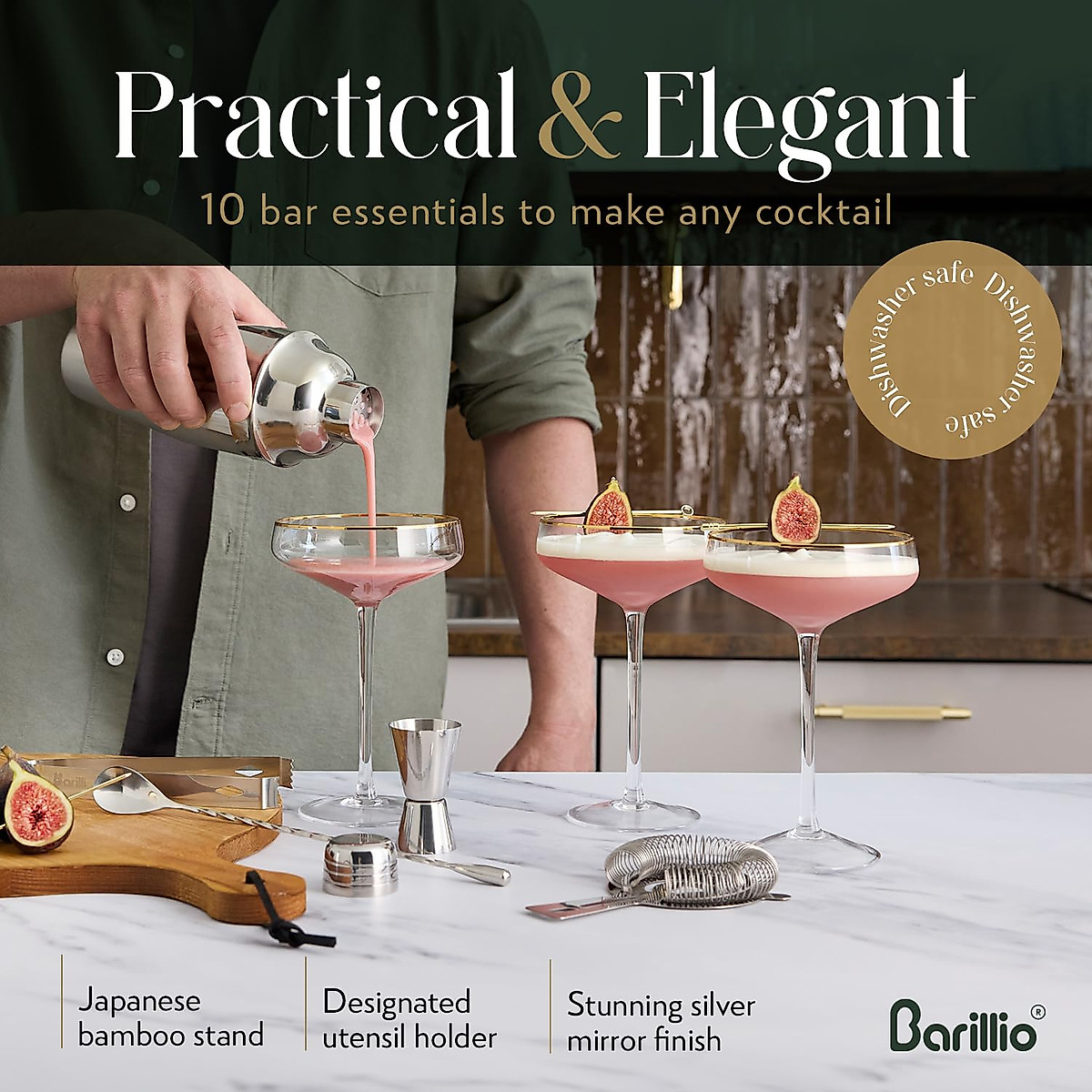 Barillio Bartender Kit - Stainless-Steel Cocktail Shaker Set with Bamboo Stand - Mixology Bar Tools w/Shaker, Drink Mixer Spoon & Muddler for Cocktails - Home Bar Accessories - 10-Pc Bar Set - Silver