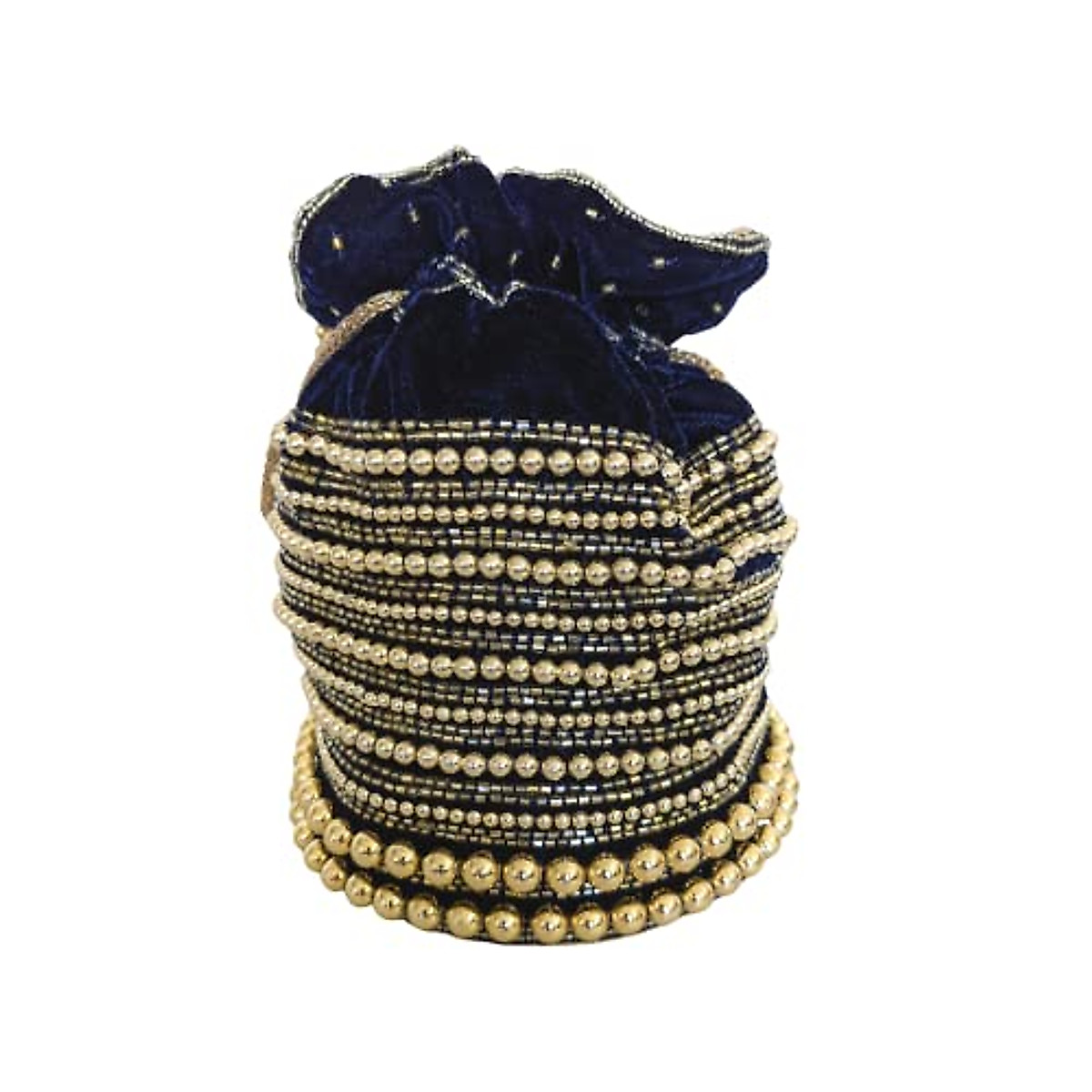 Indian Potli Bag, Bucket Bag Embellished With Golden Motifs For Parties, Weddings, Brides, Festivals, Velvet Purse (Navy)