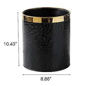 Huaqinglian Small office trash can garbage can Metal Open top wastebasket bin with removable gold ring which for hold garbage bag for Bathroom,Living room,bedroom Using (Black Crocodile Pattern)
