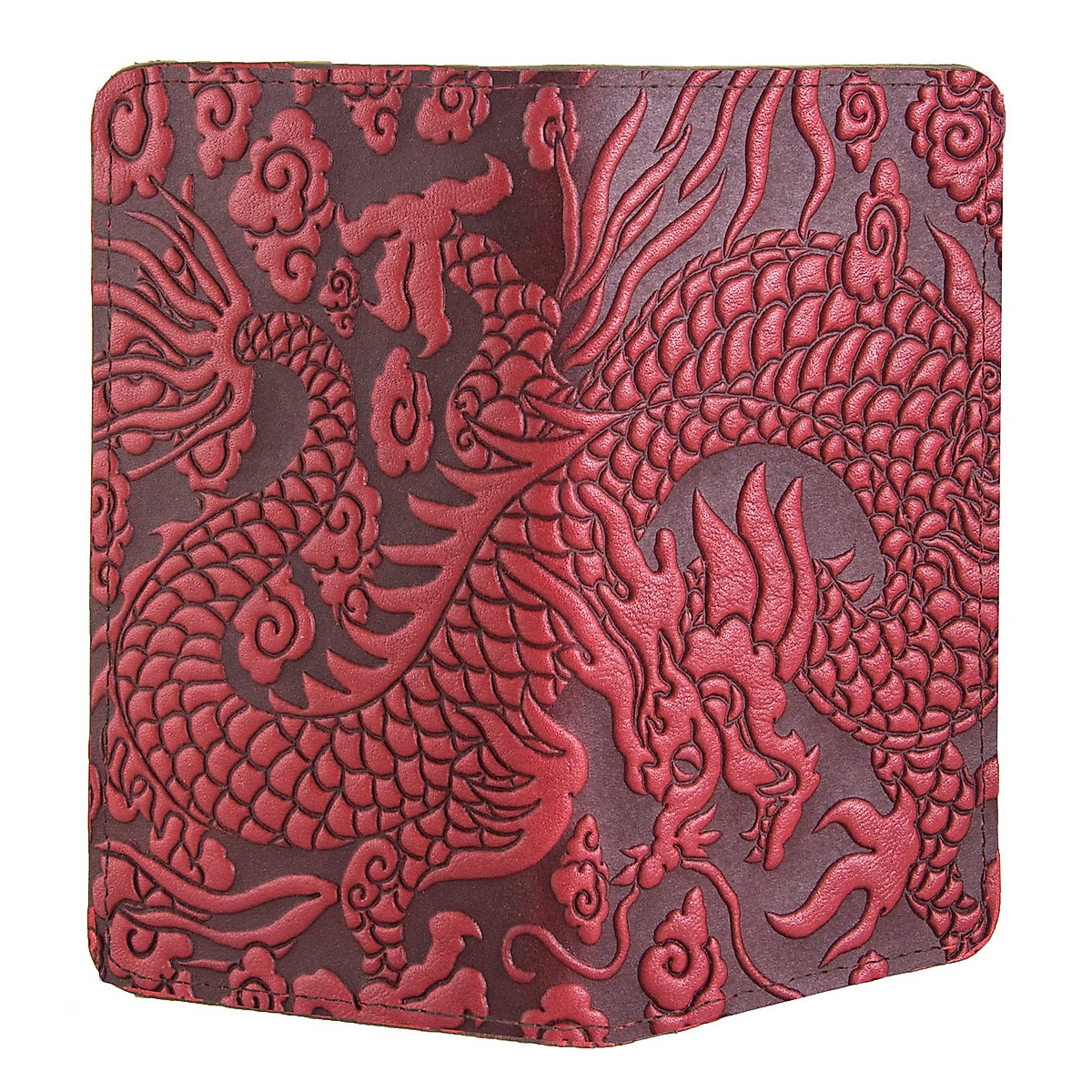 Oberon Design Cloud Dragon Embossed Genuine Leather Checkbook Cover, 3.5x6.5 Inches, Red, Made in the USA