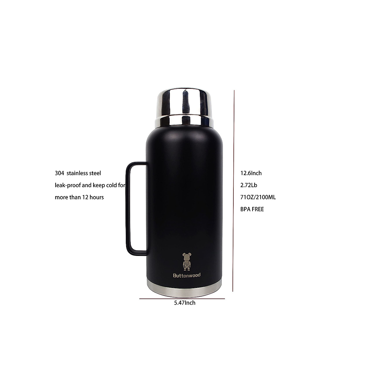 Large sport thermos water bottle with handle and Stainless Steel Lid,keep cold,Reusable, leak-proof ，71OZ Insulated water bottle， Metal Canteen，Buttonwood (black) ，2100ML
