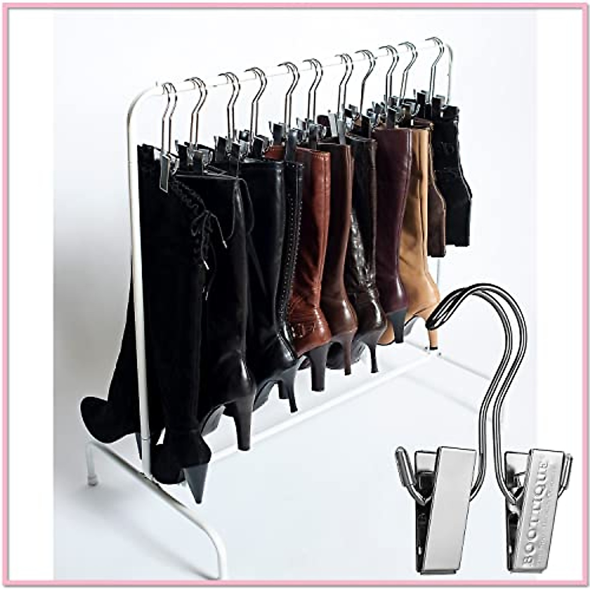 Boottique Boot Organizer: The Boot Rack - Fits in Most Closets- Hangs, Holds, Shapes, & Protects every size and style of Boots (The Boot Rack with 6 Original Silver Hangers)