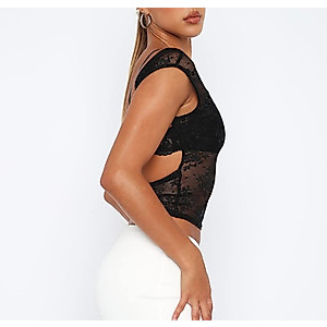 Women Summer Short Sleeve Top Y2k Floral Lace Backless Top Sexy See Through Mesh Crop Top Slim Fit Tee Going Out Tops(A2-Floral Black,S)