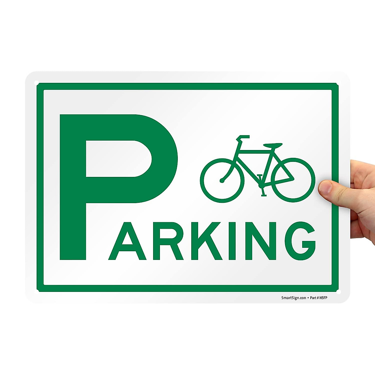 SmartSign 10 x 14 inch “Bicycle Parking” Metal Sign With Bicycle Graphic, 40 mil Laminated Rustproof Aluminium, White and Green, Made in USA