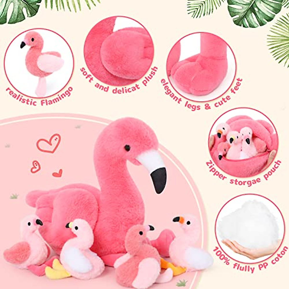 MorisMos Plush Flamingo Stuffed Animal-18 Inch Mommy Stuffed Flamingo with 4 Baby Flamingo Plush Toys Inside Zipper Tummy, Pink Flamingo Toy Gift for Girl Women Decor Birthday Christmas Valentines