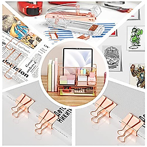 MooManGoo Rose Gold Office Desk Organizers and Accessories with Sliding Drawer, Pen Holder, Stapler, 6 Compartments +72 Clips Set, Office Supplies Mesh Desktop File Organizer for Women Home School