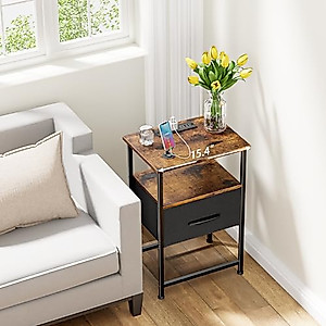 LAKEMID Nightstands Set of 2 with Charging Station and Drawer, End Table Bedside Table with 20 Colors LED Light Strip and 2 Layers Shelf for Bedroom Living Room Sofa (Rustic Brown)