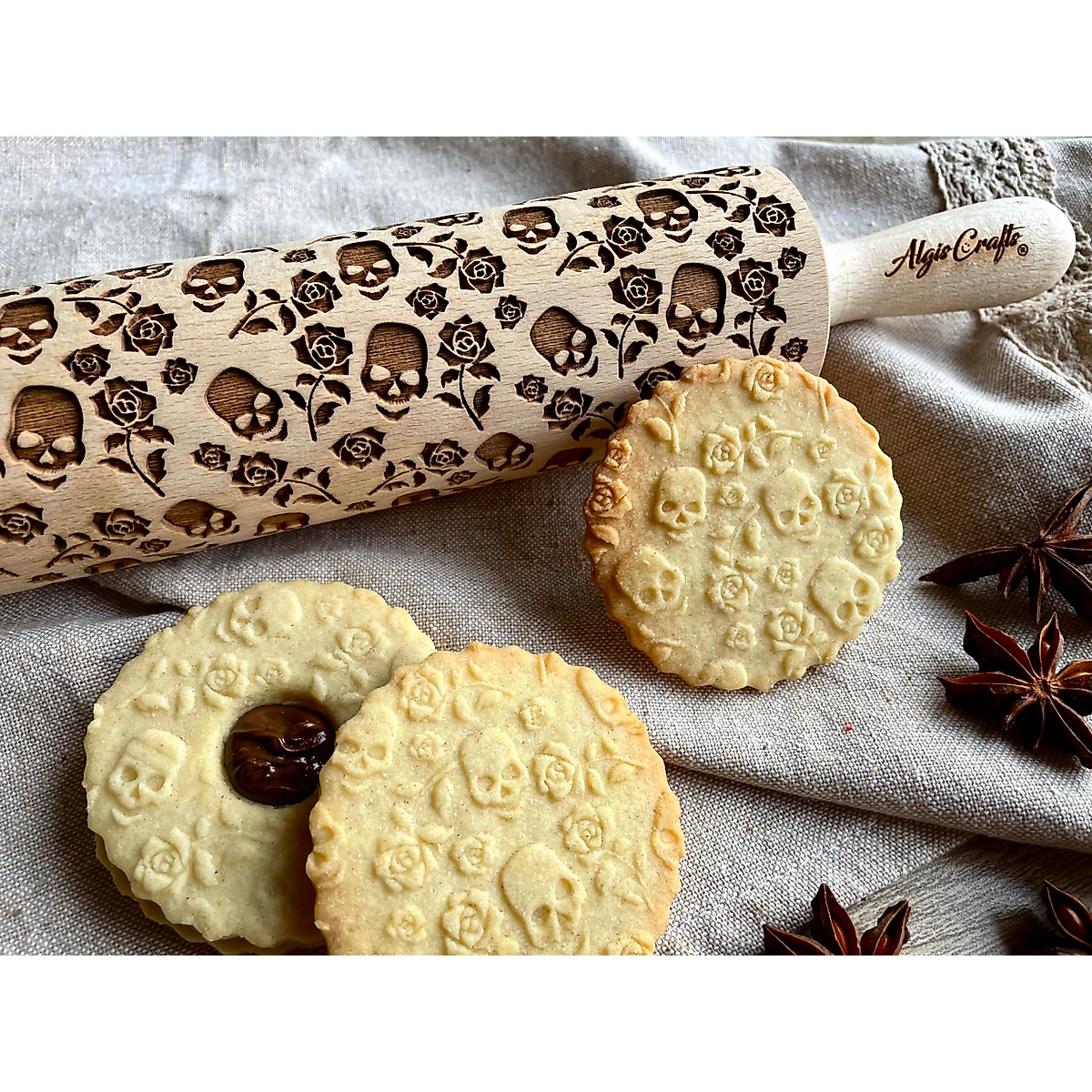 SUGAR SKULL and ROSES Embossed Rolling Pin for Halloween cookies. Laser Engraved Dough Roller for Embossing Homemade Cookies by Algis Crafts