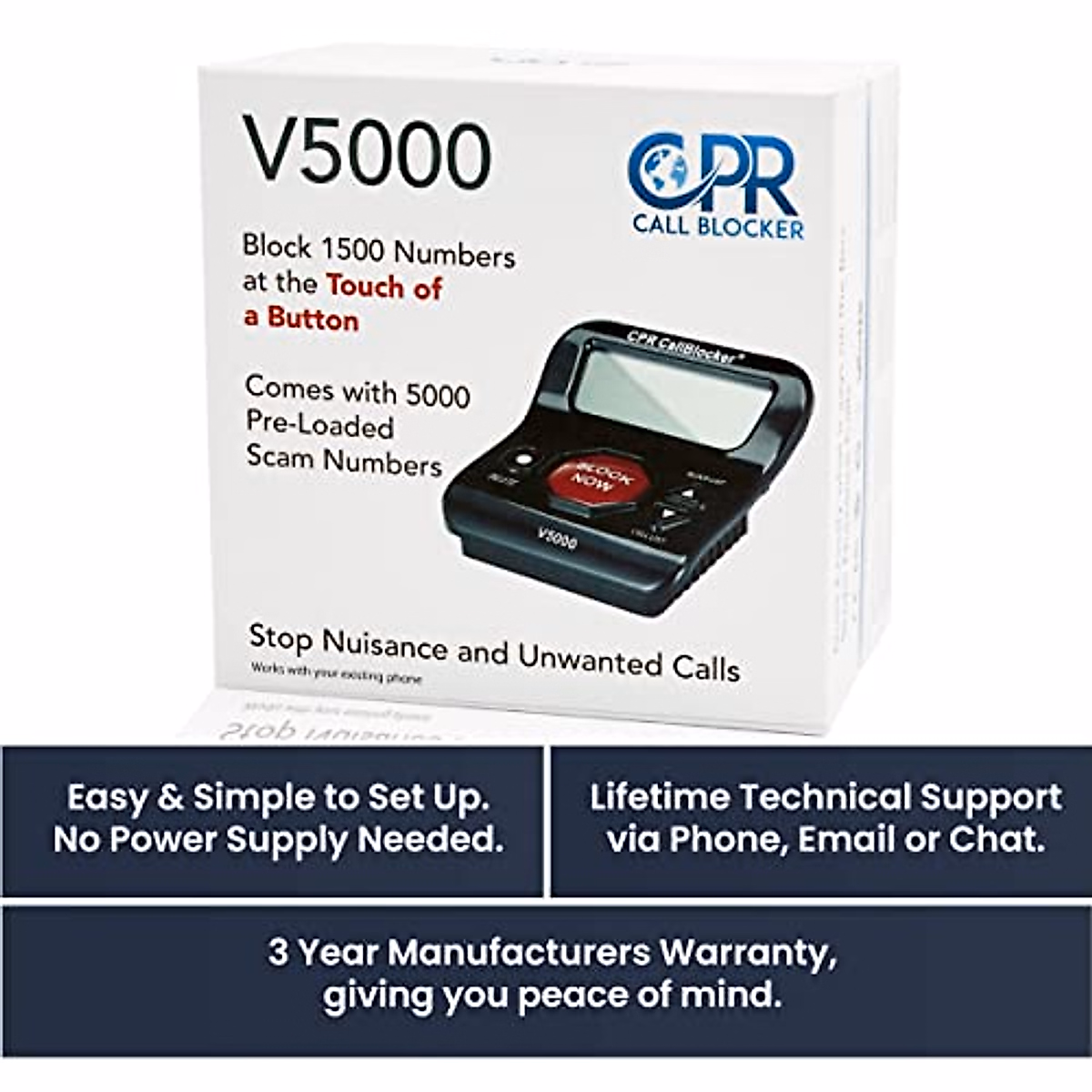 CPR V5000 Call Blocker for Landline Phones, Home Phones, Cordless Phones – Stop All Unwanted Calls, Robocalls, Scam Calls at a Touch of a Button - Join Over 1 Million Satisfied Customers