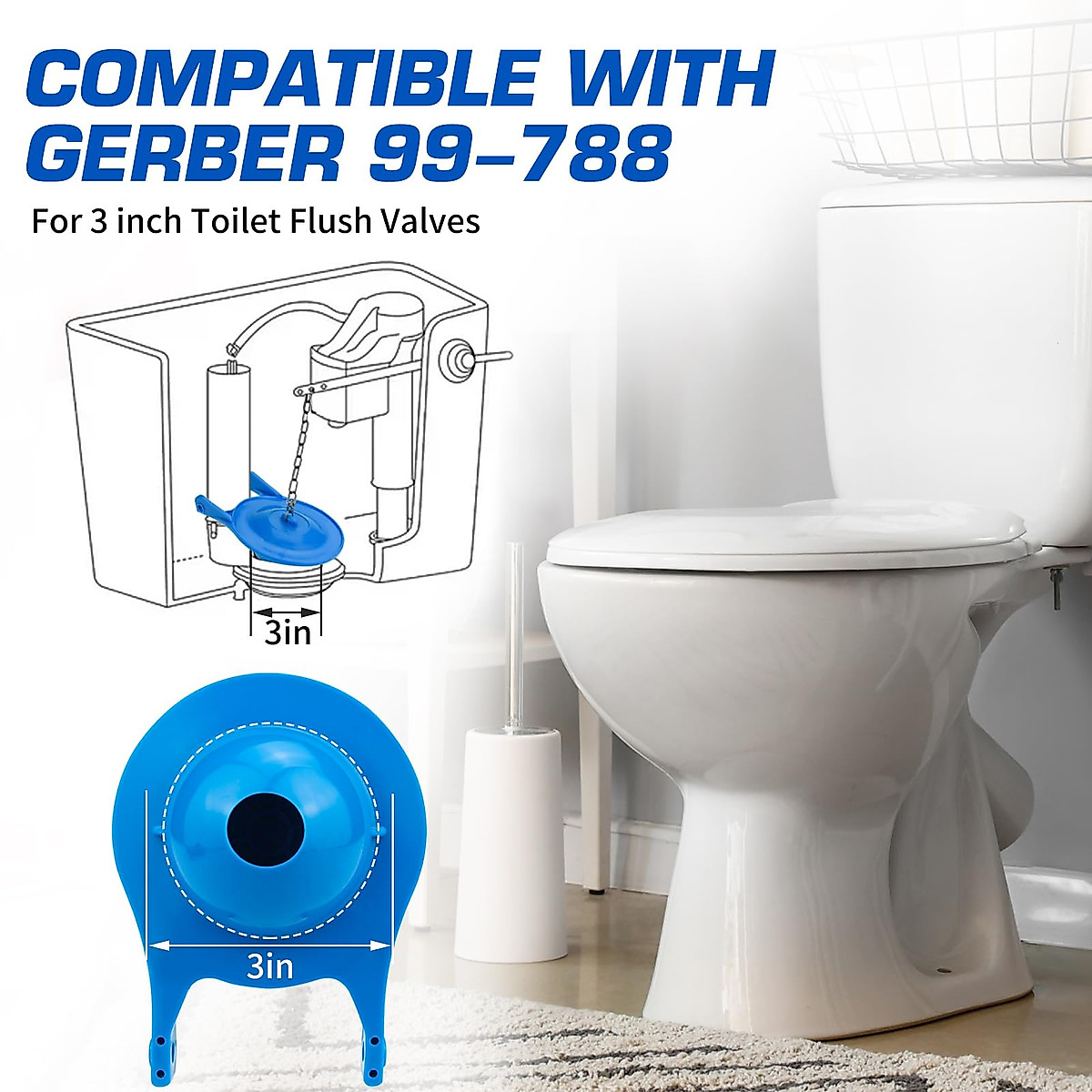 Gerber Toilet Flapper Replacement, 3 inch Toilet Stopper Kit for Gerber 99-788 with 2 Toilet Handle Chains Fits 3 inch Toilet Flush Valve, Water Saving, Easy to Install