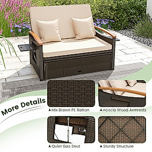 Tangkula Patio Rattan Daybed Set with Cushioned Loveseat and Storage Ottoman, Outdoor Double Chaise Lounger with 4-Level Adjustable Backrest and Retractable Side Trays for Backyard (Beige)