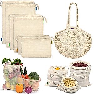 Qinline Reusable Produce Bags, Organic Mesh Bags Muslin Bags with Drawstring Bonus Reusable Grocery Bag for Shopping & Storage, Washable, Biodegradable, Food Safe, Tare Weight on Color Tag(7 Pack)