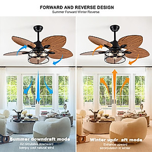 UOJ 42 Inch Farmhouse Ceiling Fan Light Tropical Ceiling Fan with Light Remote Control Rustic Palm Leaf Shape Blades Industrial Cage Light, Matte Black