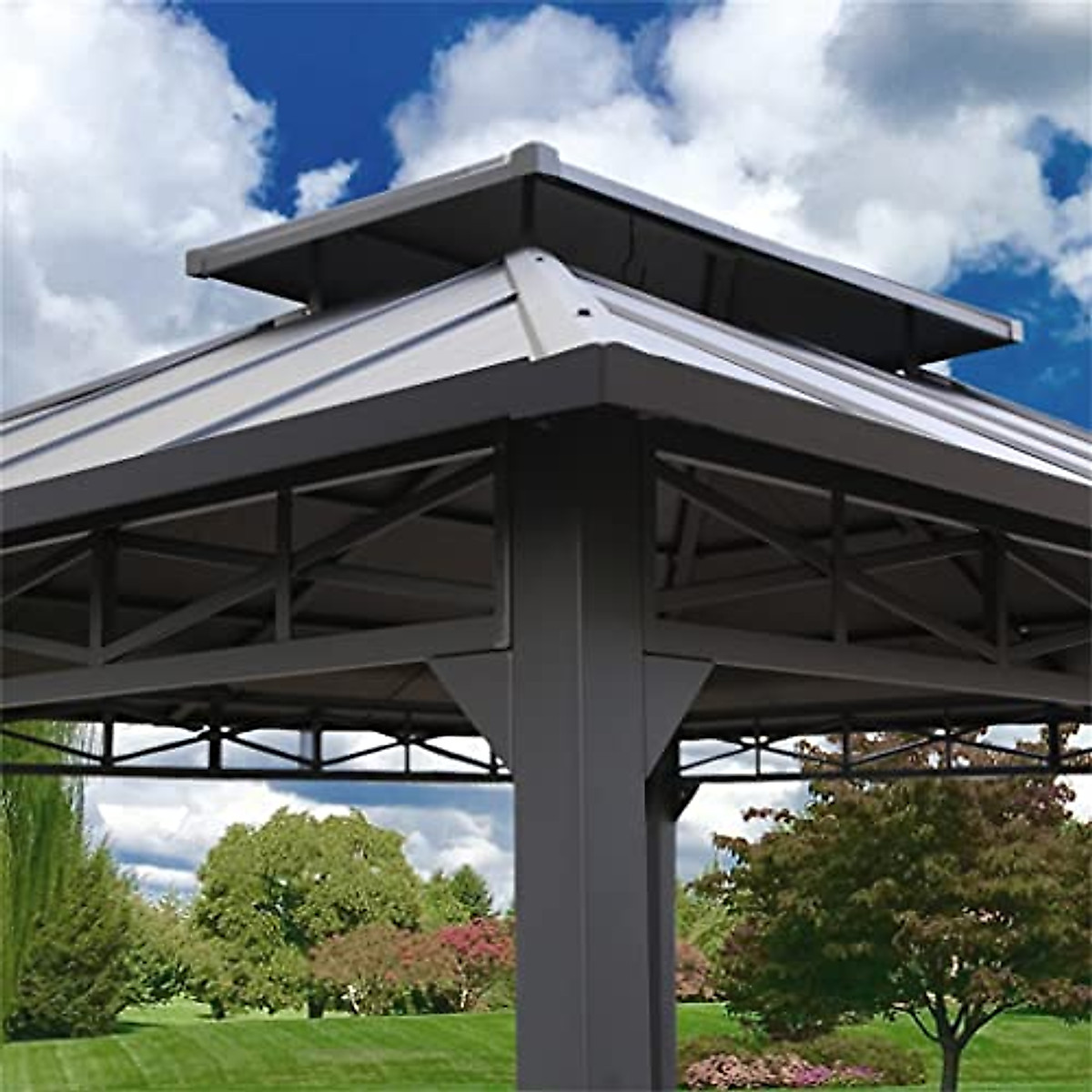 UXZDX 12 Ft. X 10 Ft. Black 2-Tier Double Roof Metal Hard Top Gazebo with Curtains and Netting