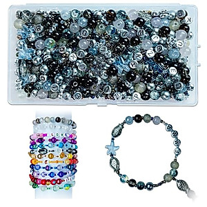 750 Pcs Smoke Gray Glass Beads for Bracelets with 200 Acrylic Letters,Mixed Craft Beads Jewelry Making Kit, Glass Beads Bracelet Making Kit, 8mm Round Cystal Beads with Seed Beads for DIY Working