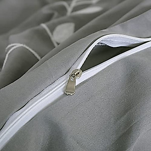 Dykoos Embroidered Soft Brushed Microfiber Duvet Cover Set, Floral Branches, Gray and White, King Size with Zipper Closure and Corner Ties, 1 Duvet Cover and 2 Pillow Shams