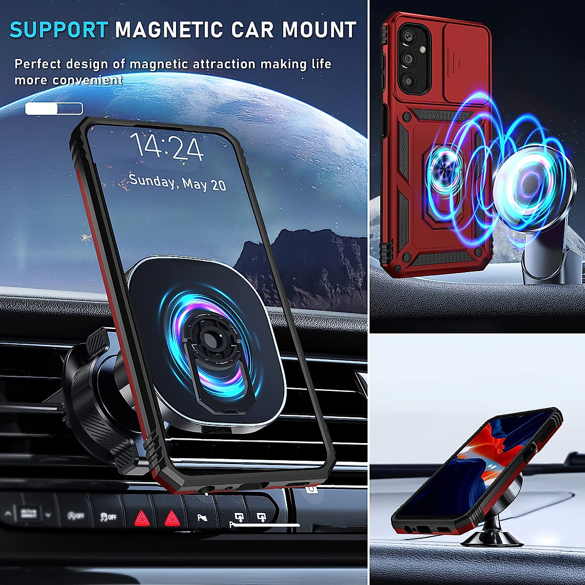 Janmitta Compatible with Samsung Galaxy A14 5G Case Built in Slide Camera Lens Cover and Screen Protector,Heavy Duty Full Body Phone Cover Built in Ring Holder Kickstand,2023 Red