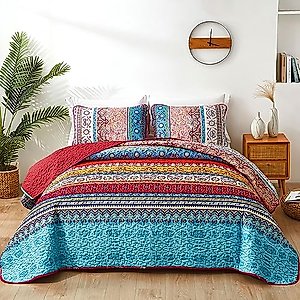 Boho Quilt Set Queen Size, Bohemian Red Strip 3 Pieces Bedspread Set Lightweight Microfiber All Season Christmas Bedding Coverlet Set for Queen Bed (96"x90")
