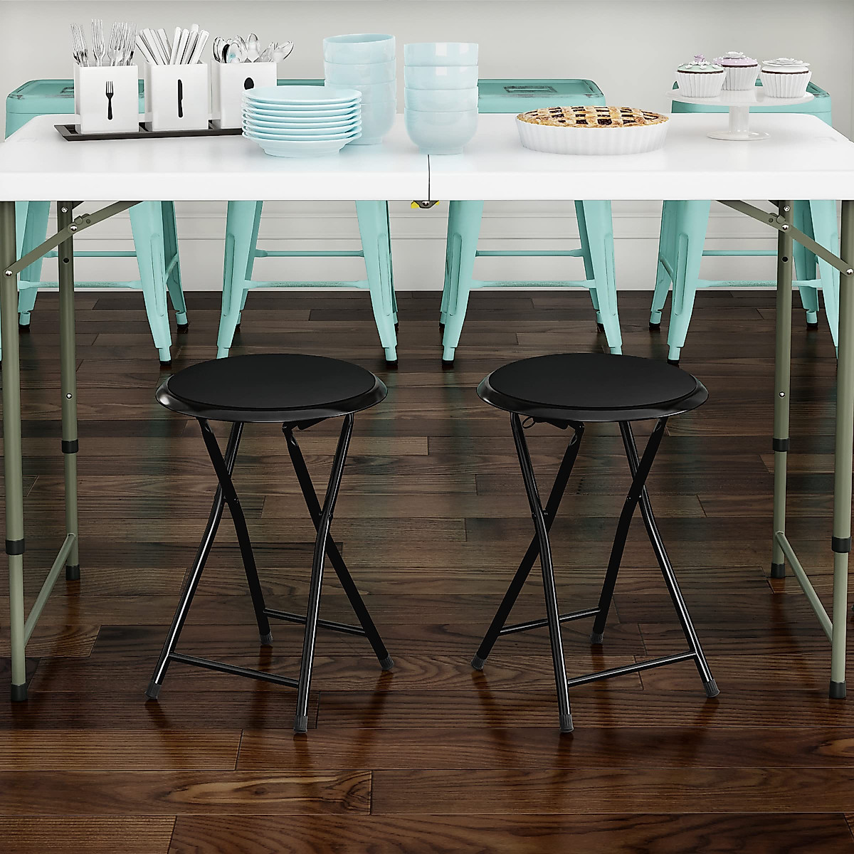 Lavish Home Folding Bar Stools - Set of 2 Heavy-Duty 18-Inch Stool - 225lb Capacity and Padded Seats for Dorm, Recreation or Game Room (Black)