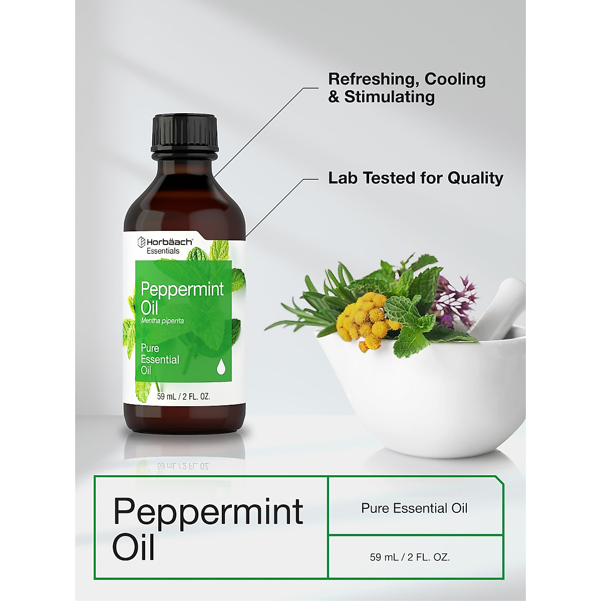 Horbäach Peppermint Oil | 2 fl oz | Pure Essential Spray | for Massage, Bath & Diffusers | Non-GMO, Gluten Free