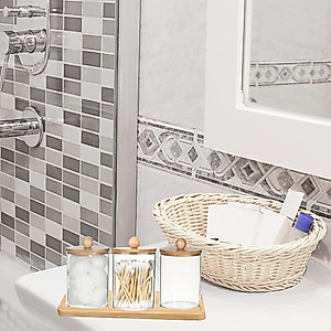 Cosmetic Organizer for Qtip Holder Dispenser Cotton Balls Cotton Swabs Clear Plastic Storage Box Makeup Organizer with Bamboo Lid Cotton Swab Holder Container Dispenser