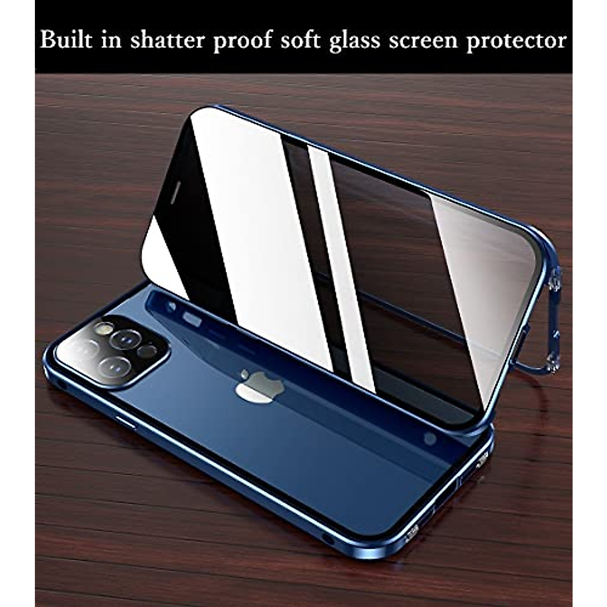 Disonbeir Lockable iPhone 12 Pro Max Anti-Peeping Case with Camera Lens Protector Privacy Screen Protector Strap Hole Aluminum Alloy Metal Bumper Case Double Lock Glass Case Cover (12ProMax, Blue)