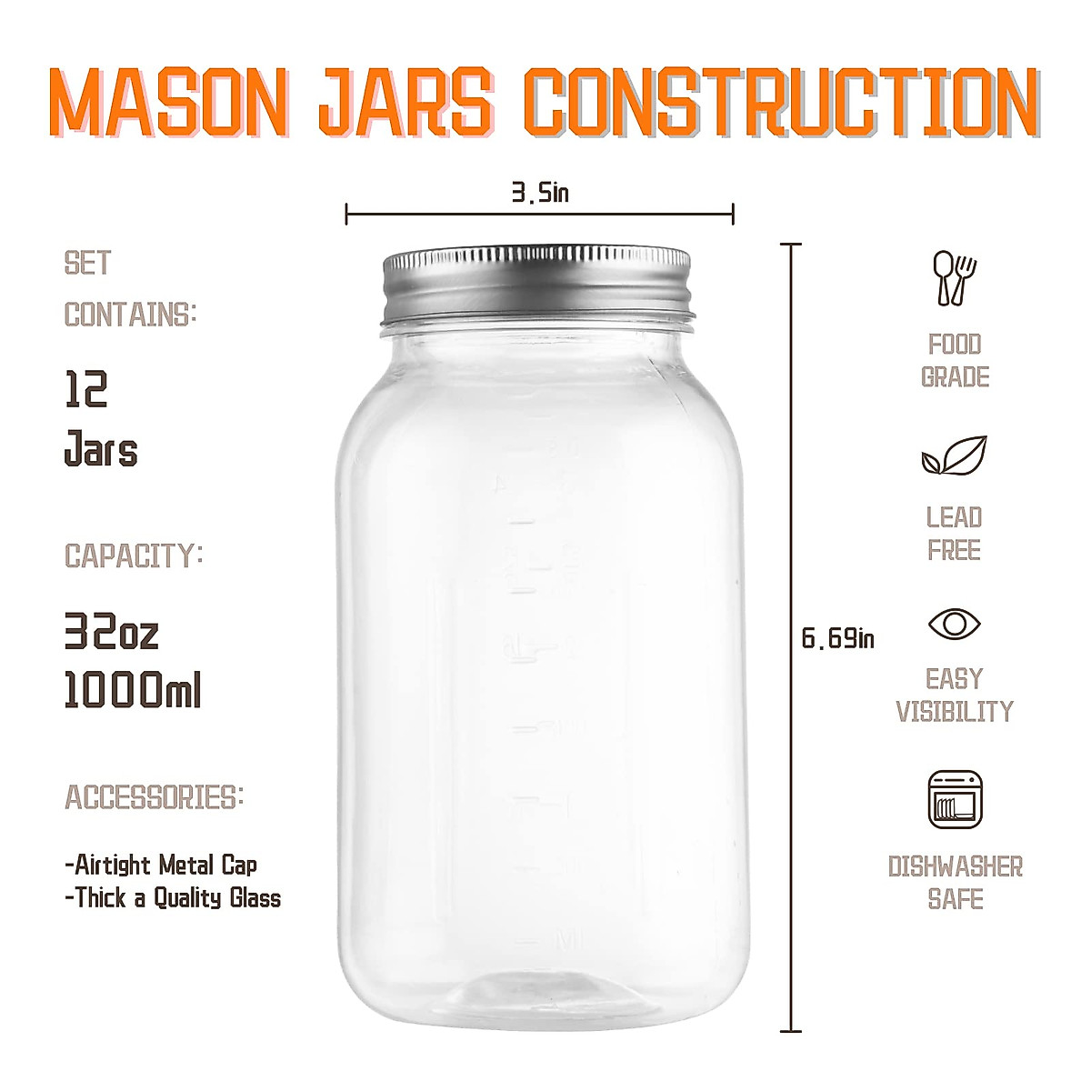 novelinks 32 OZ Clear Plastic Mason Jars with Lids - Dishwasher Safe Plastic Mason Jars 32 OZ Plastic Jars with Lids for Kitchen & Household Storage (12 Pack) (Silver)
