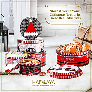 hadaaya Pack of 3 Round Metal Nesting Tins – Stackable Storage Containers with Lids for Kids' Cookies, Candy, Snacks, Crafts & Kitchen – Fun Xmas Elf Hat Design