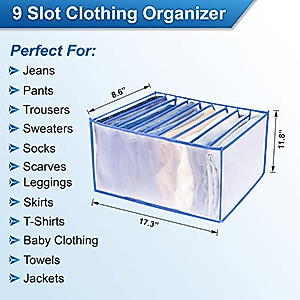 IQ Range 2PCS Jeans Organizer for Closets, Durable Drawer for Clothing, Mesh Wardrobe Organizer for Cloths, Washable Storage for Pants, Sweaters, and T-shirts (Blue, Large 9 Grids)